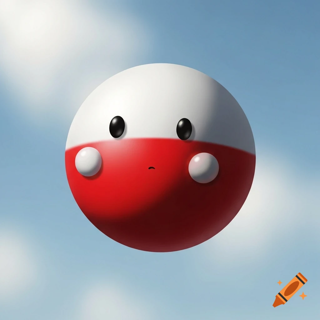 A cute, spherical cartoon character with a white top, red bottom, and ...