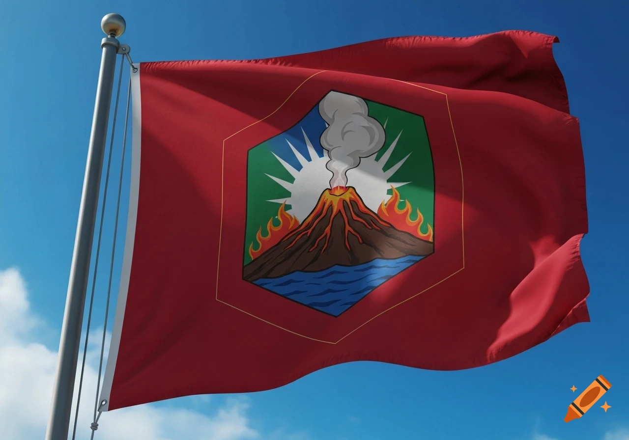 A red flag featuring a hexagonal emblem of an erupting volcano above ...