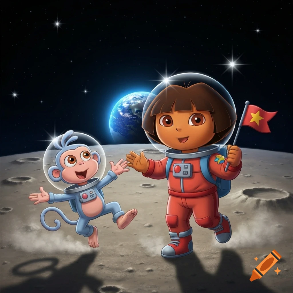 Dora the Explorer and Boots the monkey, wearing red and blue astronaut ...