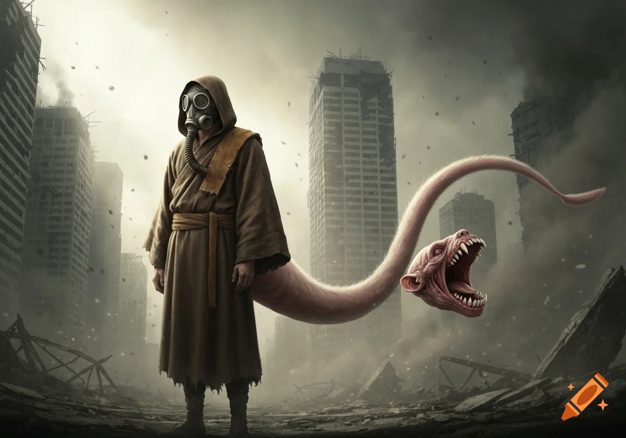 A gas-masked monk with hooded robes stands in a ruined city, a ...