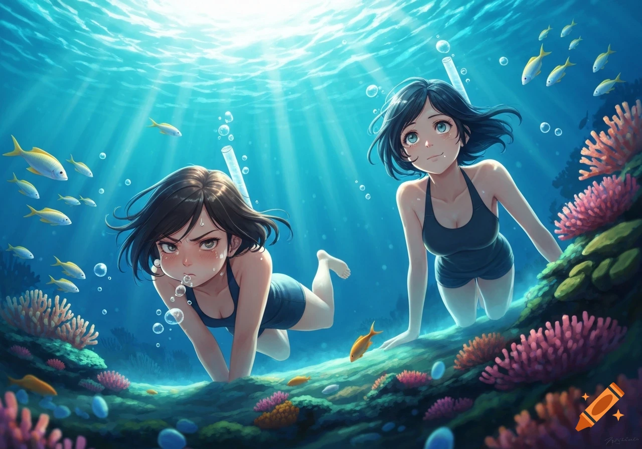 Two anime women in swimsuits underwater among coral and fish, one ...