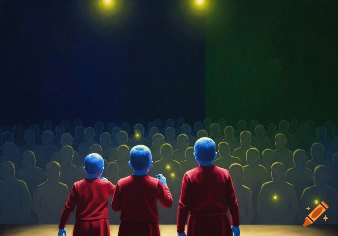 Three blue-skinned children in red robes face a shadowy audience with ...