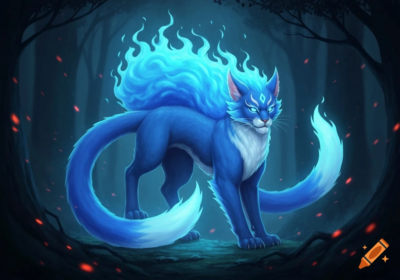 A mystical blue two-tailed cat-like creature with a fiery mane and ...