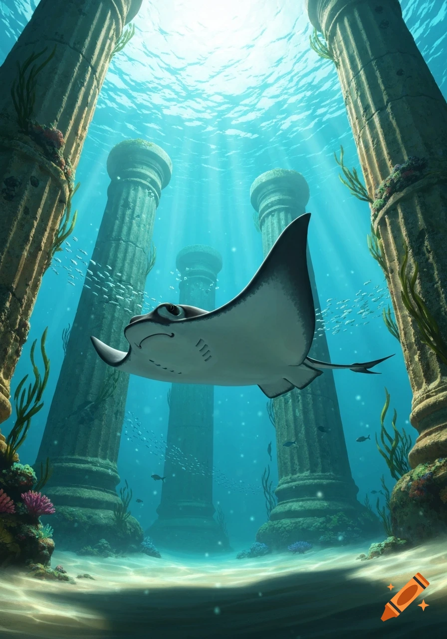 A cartoon stingray swims through clear blue water past ancient, moss ...