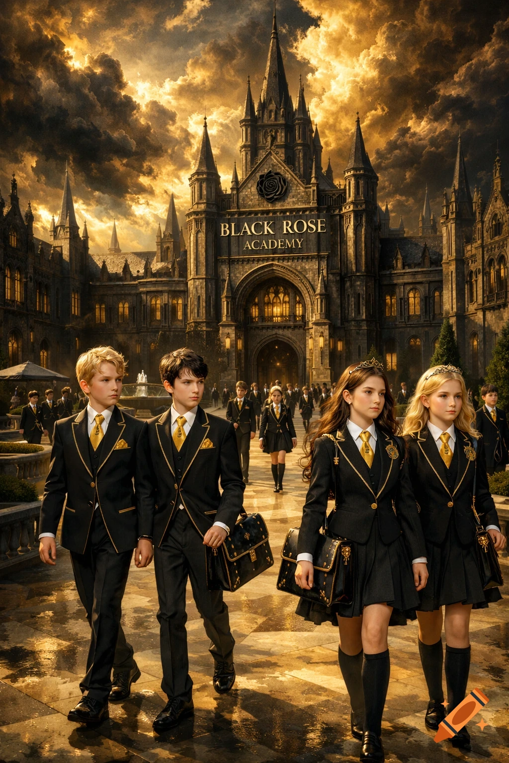 Students in black and gold uniforms walk in front of a gothic "Black ...