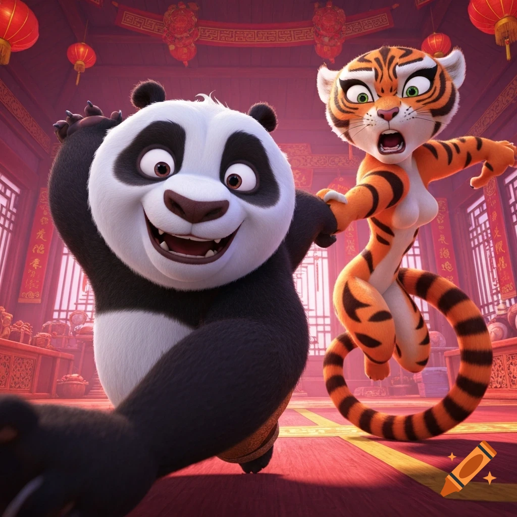 Po the panda happily pulls a startled Tigress by her tail in a vibrant ...