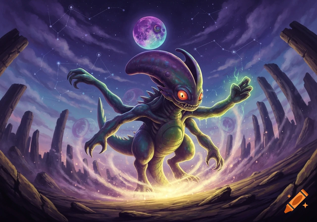 A stylized multi-limbed creature with red eyes and sharp teeth stands ...