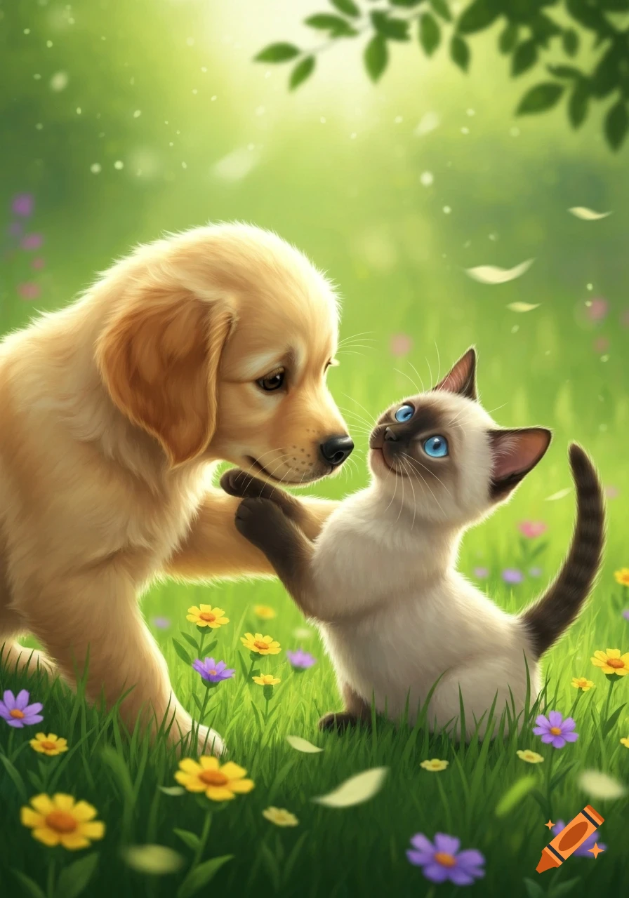 A cute illustrated golden retriever puppy and a Siamese kitten play in ...