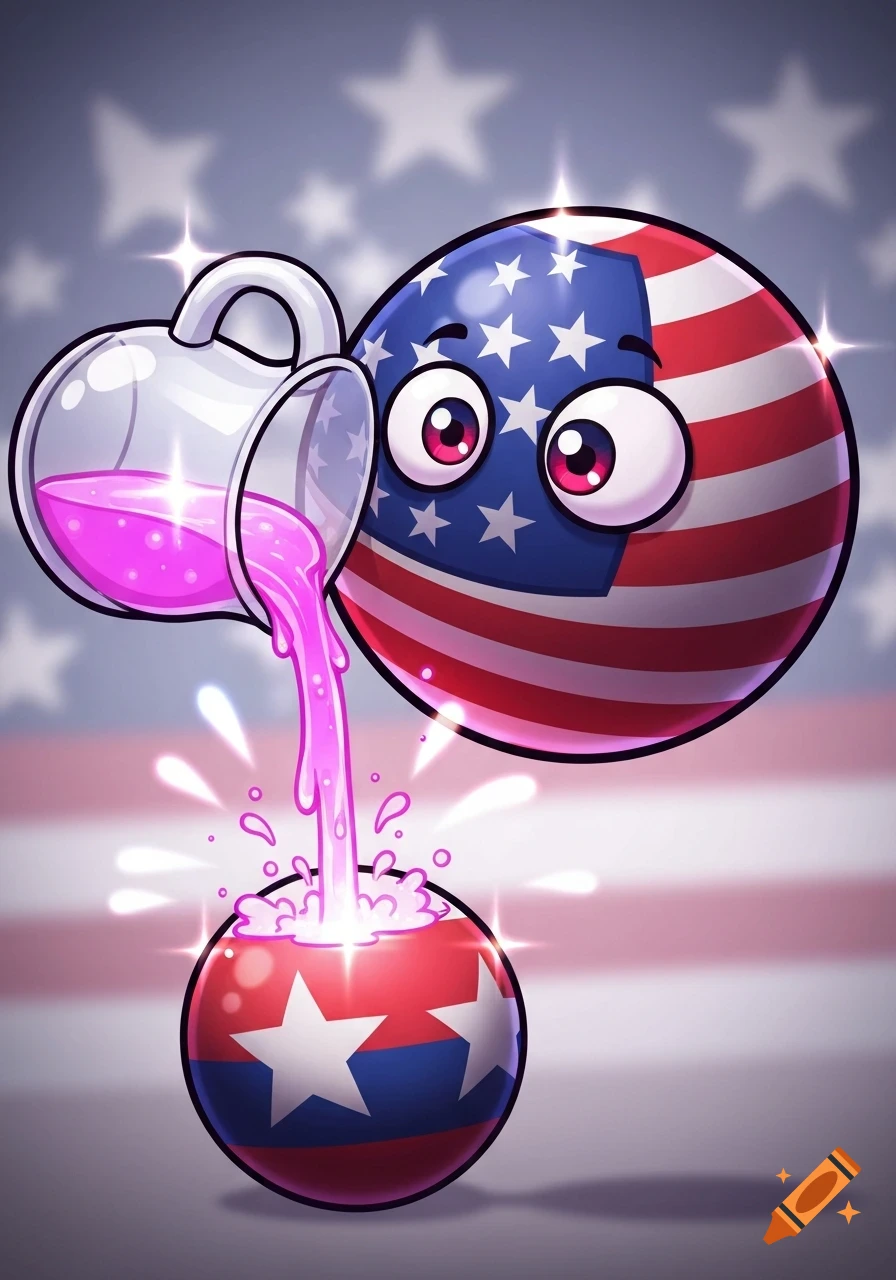 Cartoon USABall pours glowing pink liquid from a pitcher into a red ...