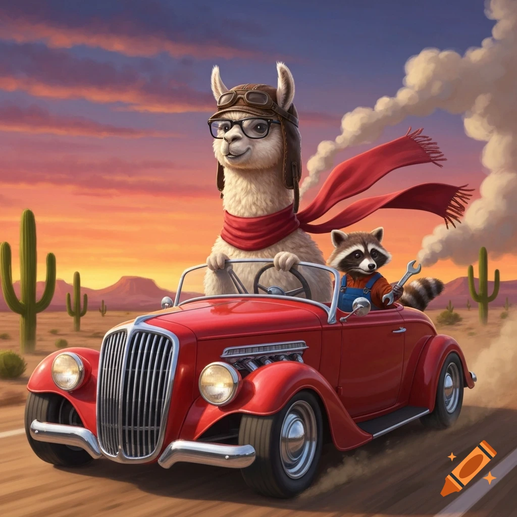 A whimsical alpaca in a pilot's cap drives a red classic car with a ...