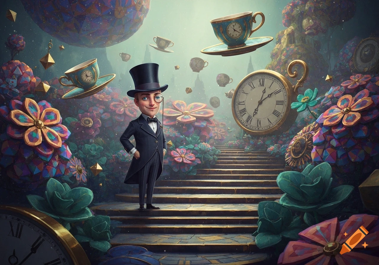 A dandy character in a top hat and monocle stands on stairs in a ...