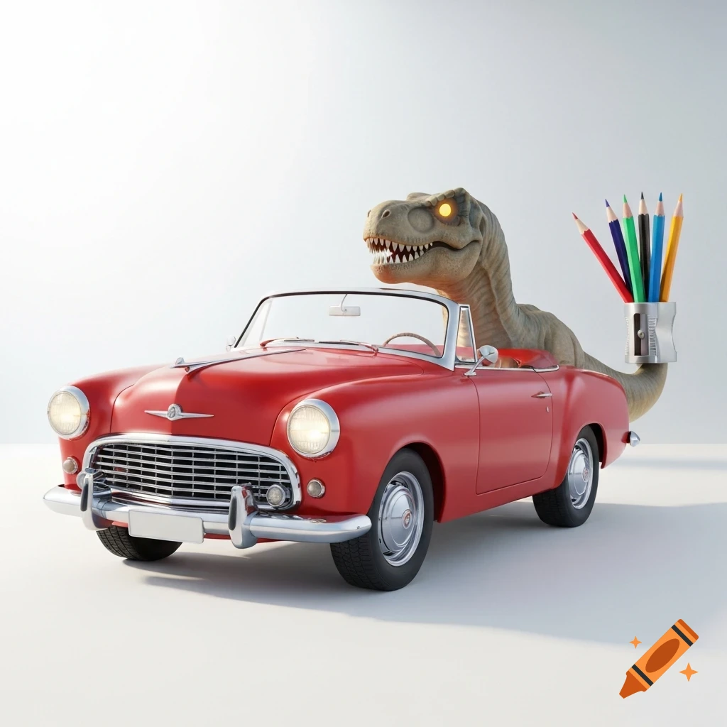 A 3D render of a T-Rex dinosaur driving a red vintage convertible car ...