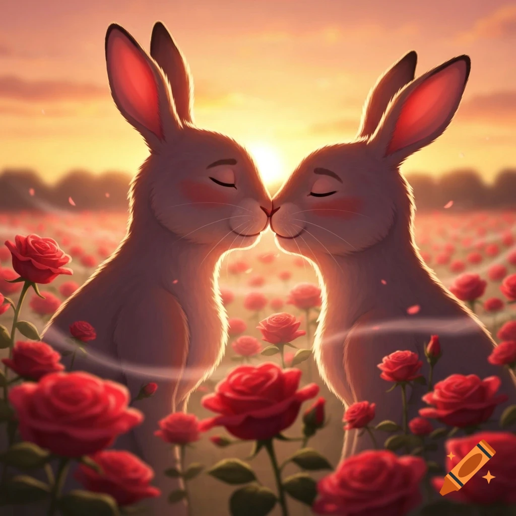 Two loving, human-like rabbits kissing in a field of roses against a ...
