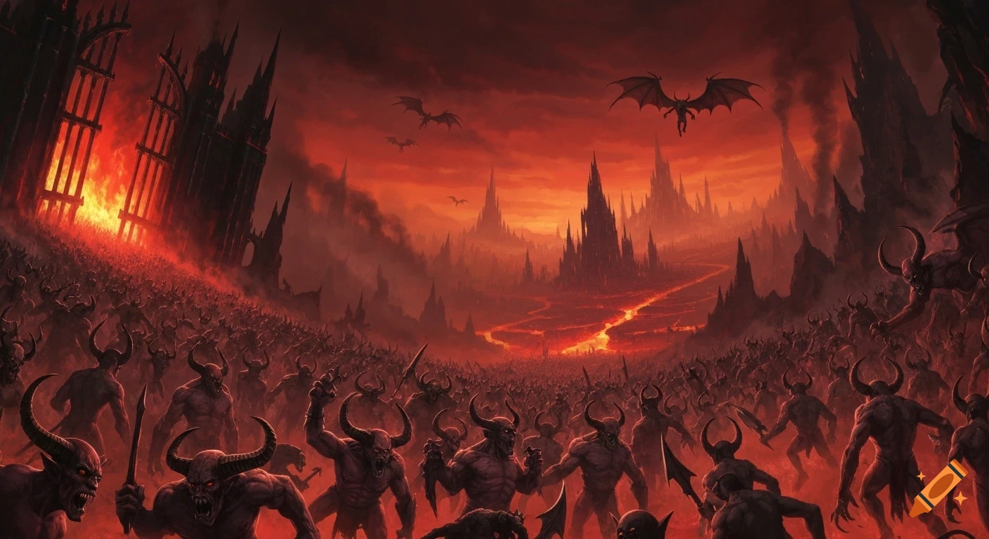 A vast army of horned devils marches from a burning gate into a hellish ...