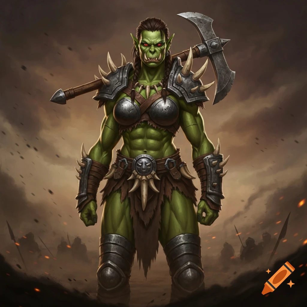A fierce green-skinned female orc warrior stands armored with an axe ...