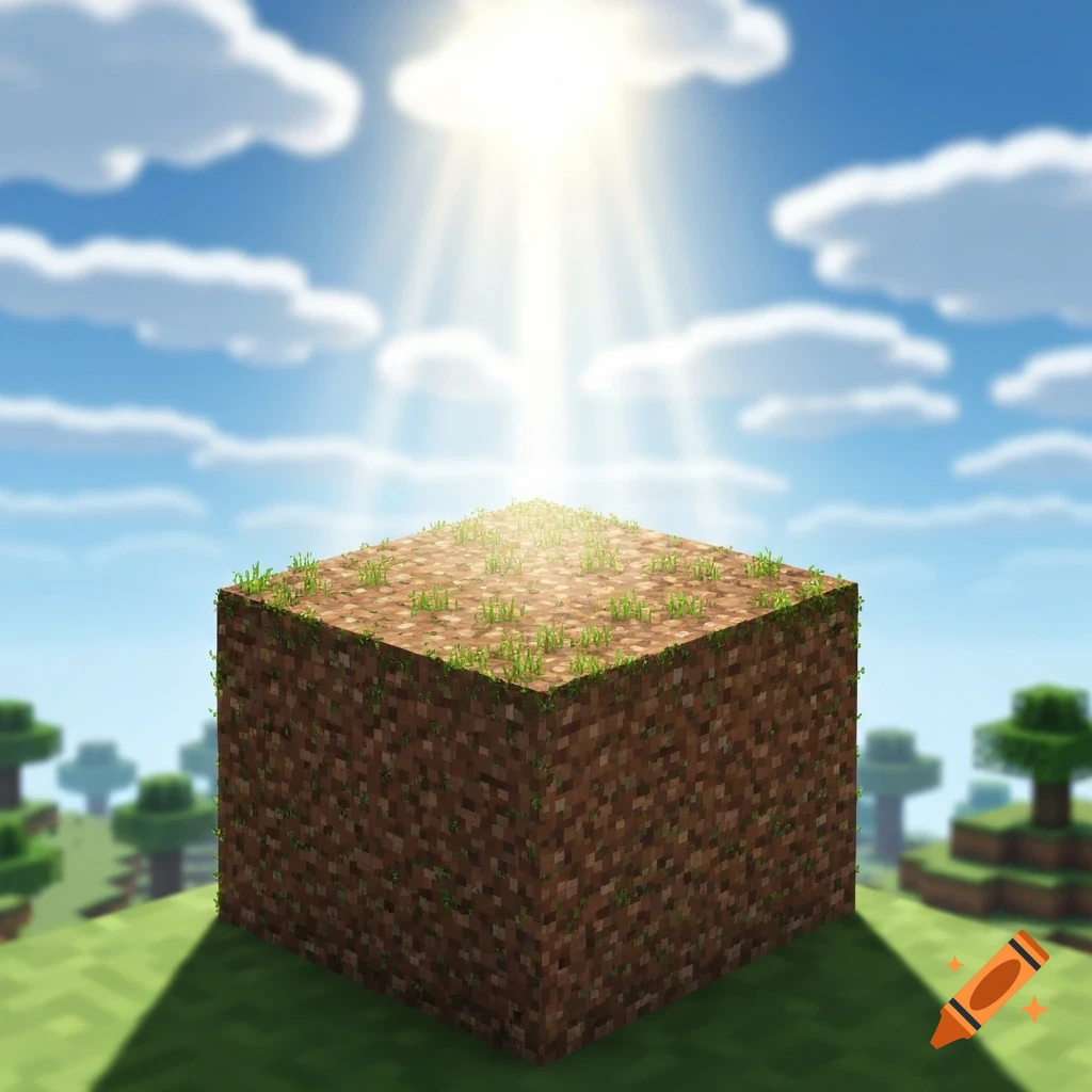 A Minecraft grass block stands centered under a bright sunbeam in a ...