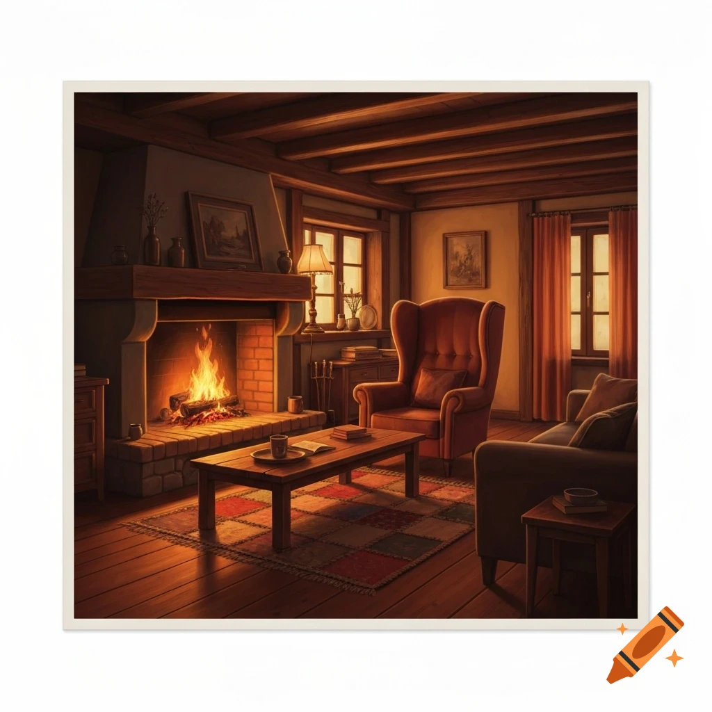 A warmly lit, cozy living room illustration with a crackling fireplace ...