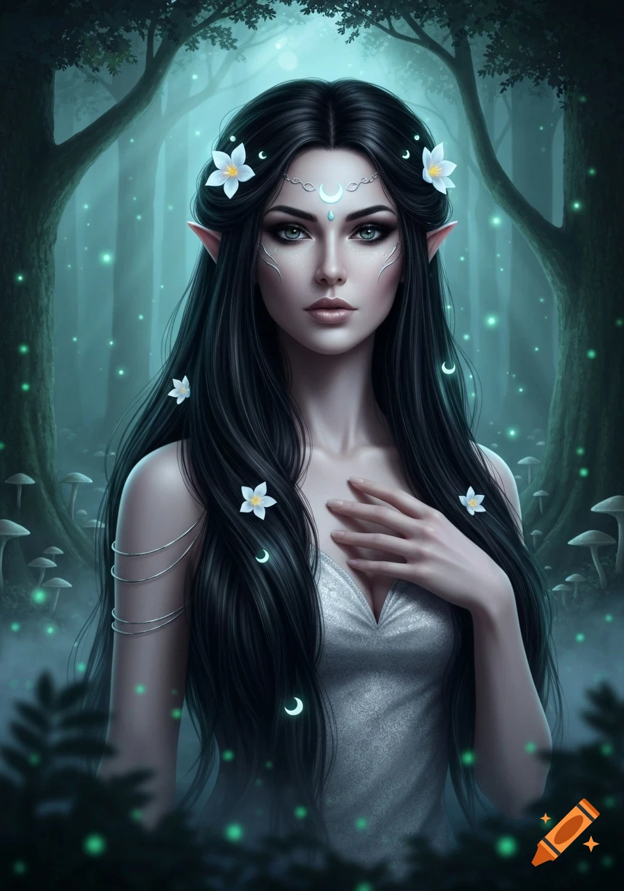 A beautiful, dark-haired elf-like woman with pointed ears, a moon ...