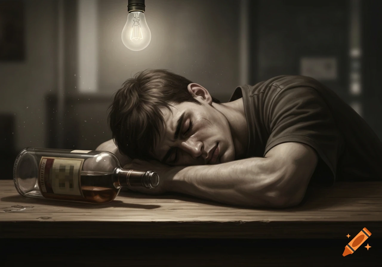 A dark, somber image of a young man with closed eyes, head resting on a ...