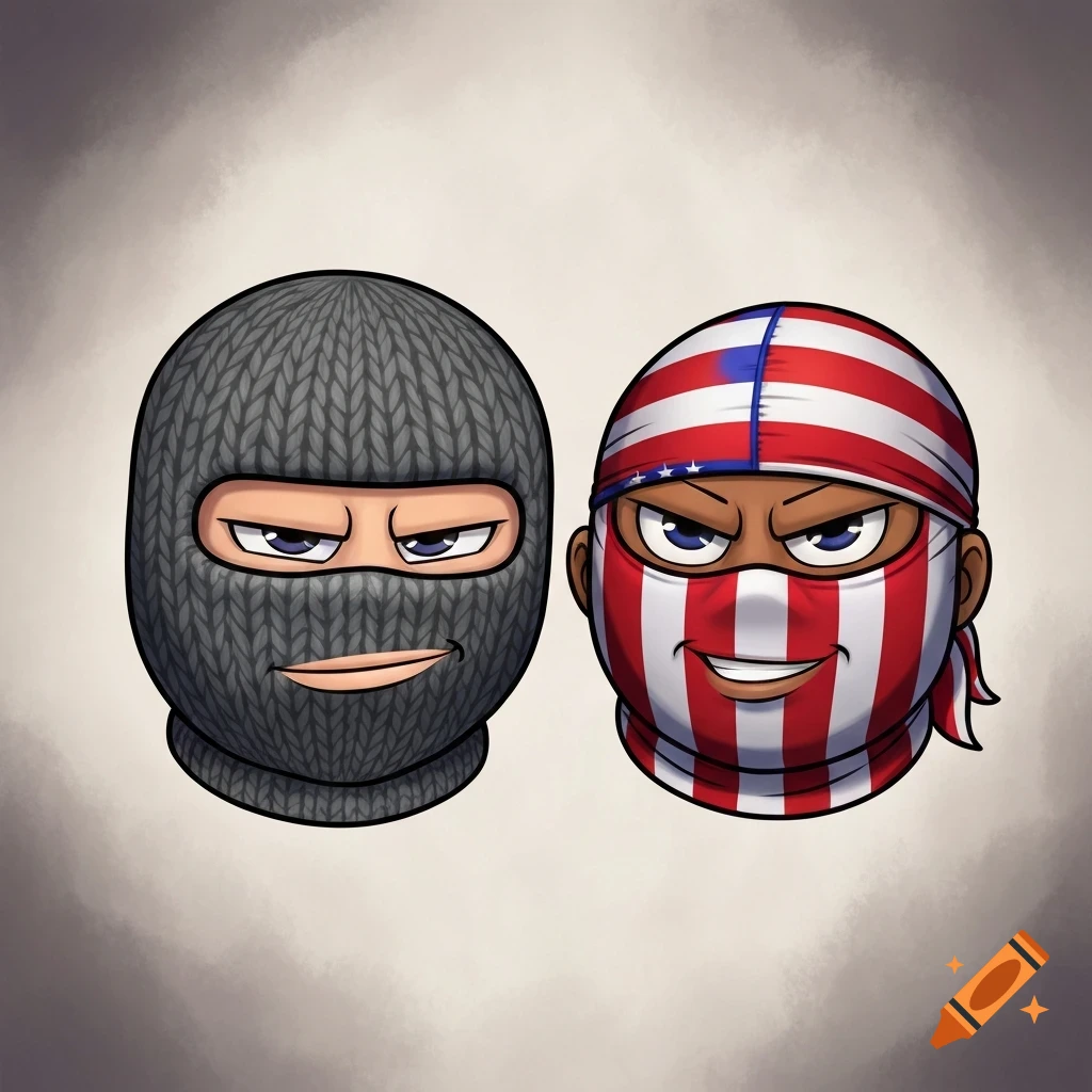 Two cartoon characters: one in a grey balaclava and the other in an ...