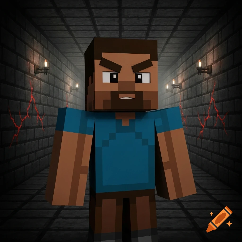 An angry Minecraft Steve character in a dark, torch-lit dungeon ...