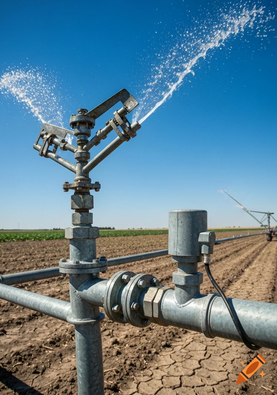 Photorealistic image of a metal sprinkler system watering a field on a ...