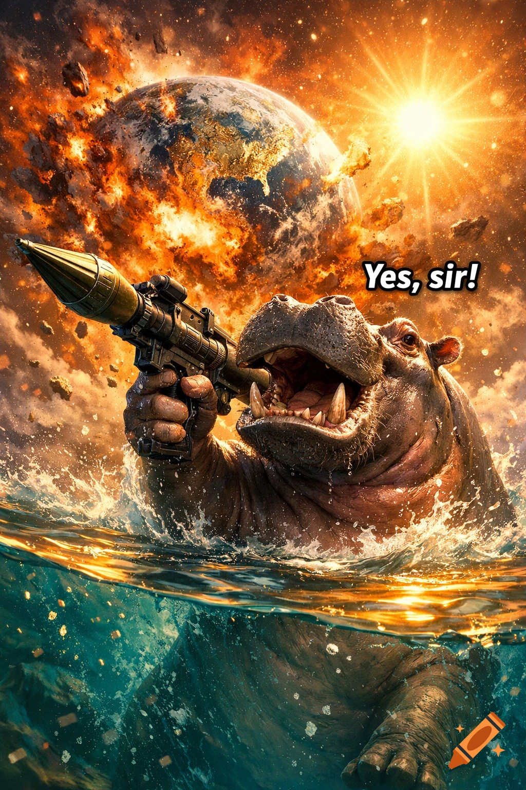 A photorealistic hippopotamus holding an RPG and saying 'Yes, sir ...