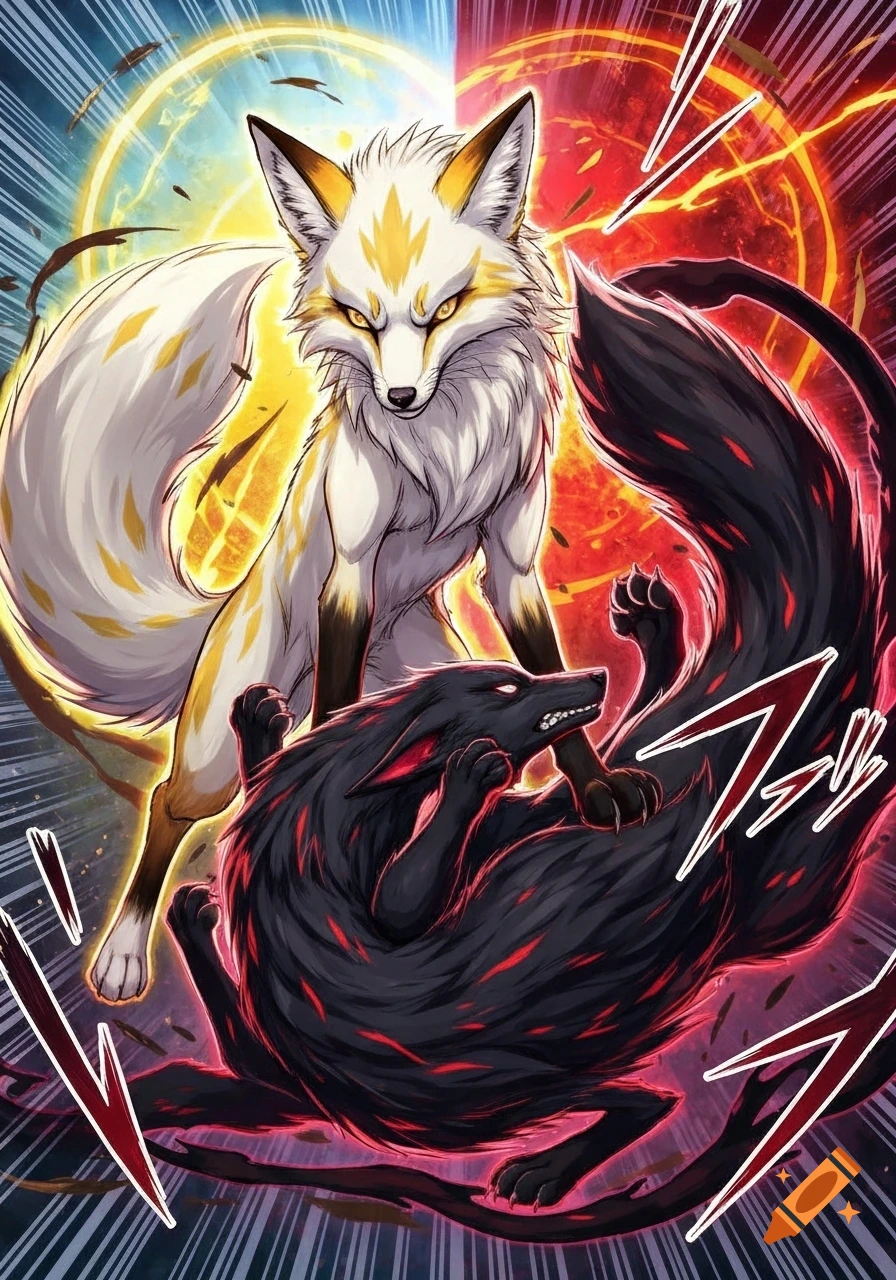 A white, gold-marked fox stands over a black, red-glowing fox, both ...