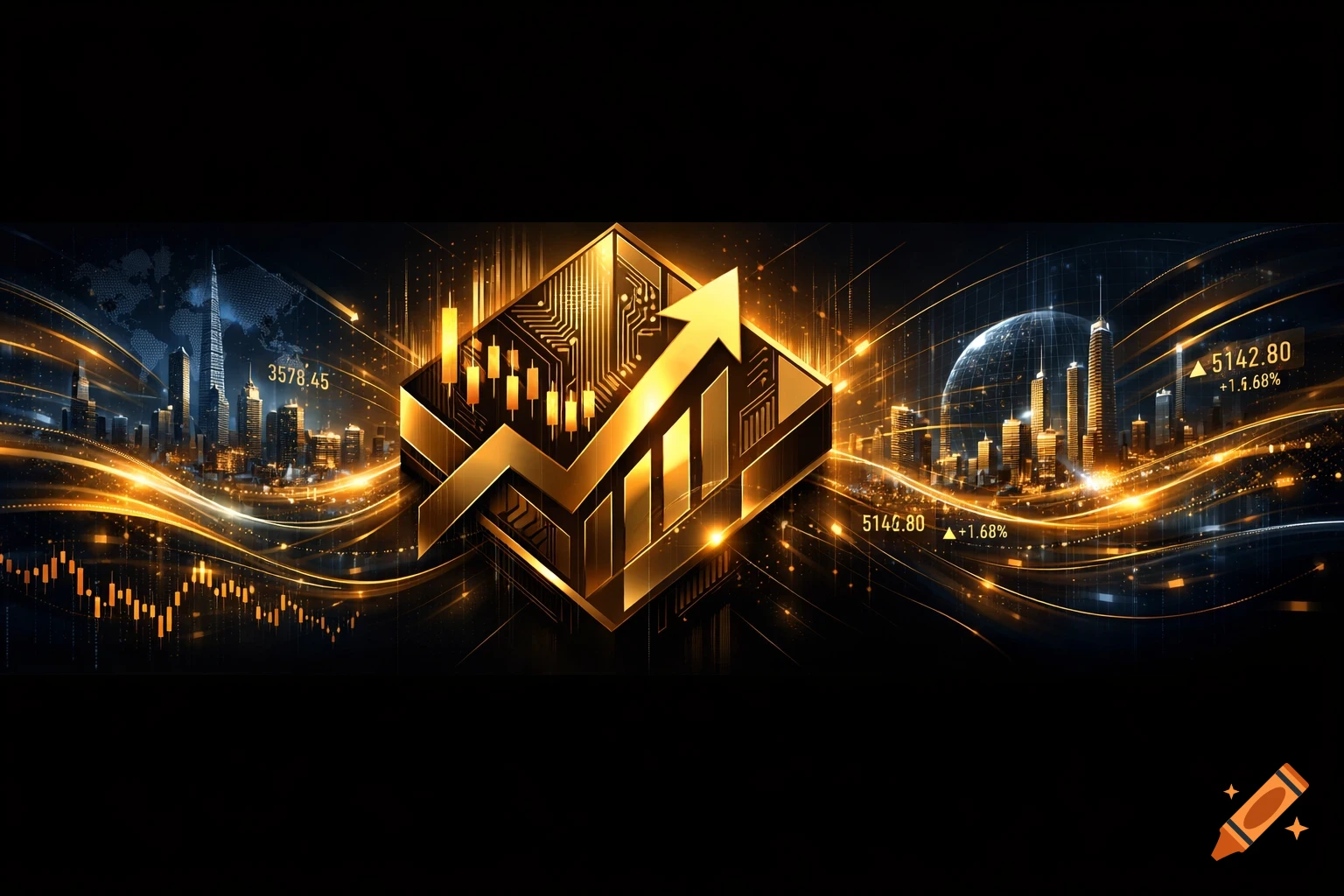 Golden financial graph and upward arrow with circuit patterns over a ...