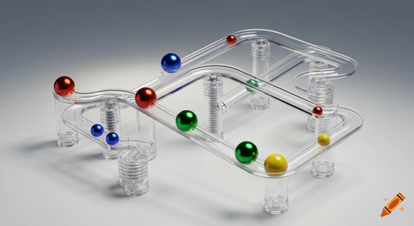 A photorealistic 3D render of a transparent acrylic marble run track ...