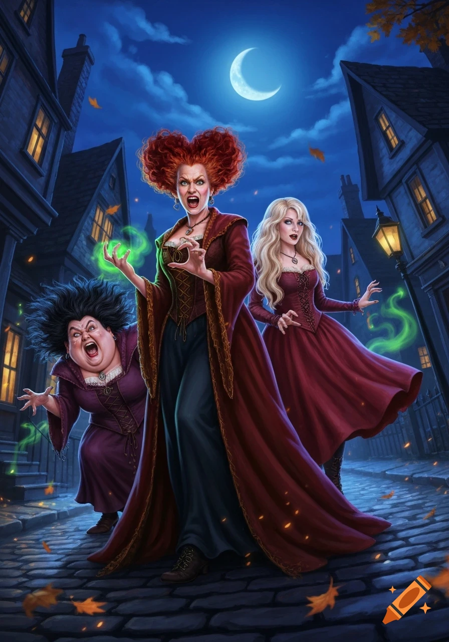Three dramatic witches in long robes cast green spells on a cobblestone ...