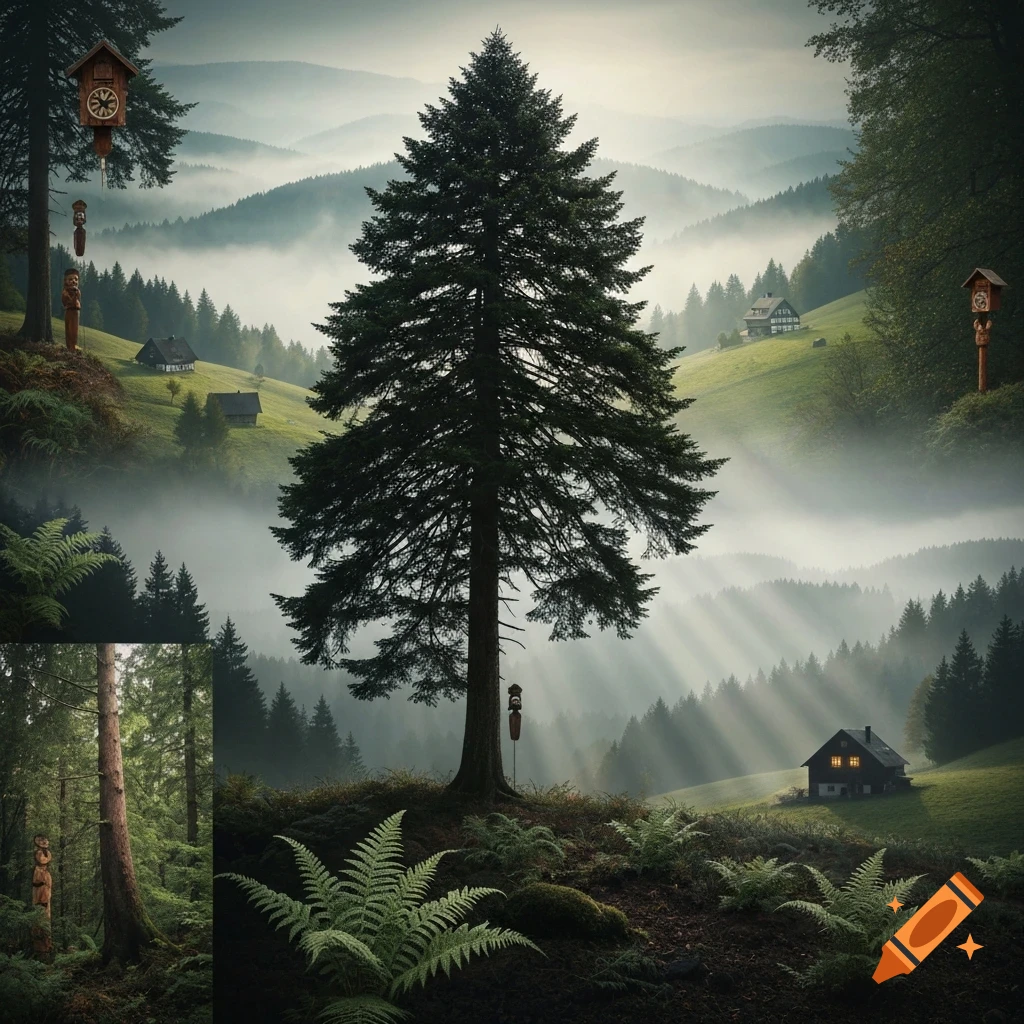 A majestic evergreen tree stands in a misty mountain forest with houses ...