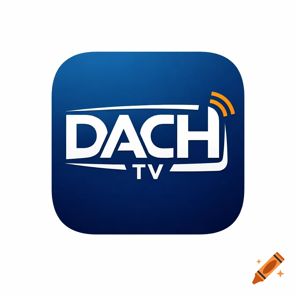 Blue app icon with white text "DACH TV" and an orange signal icon in ...