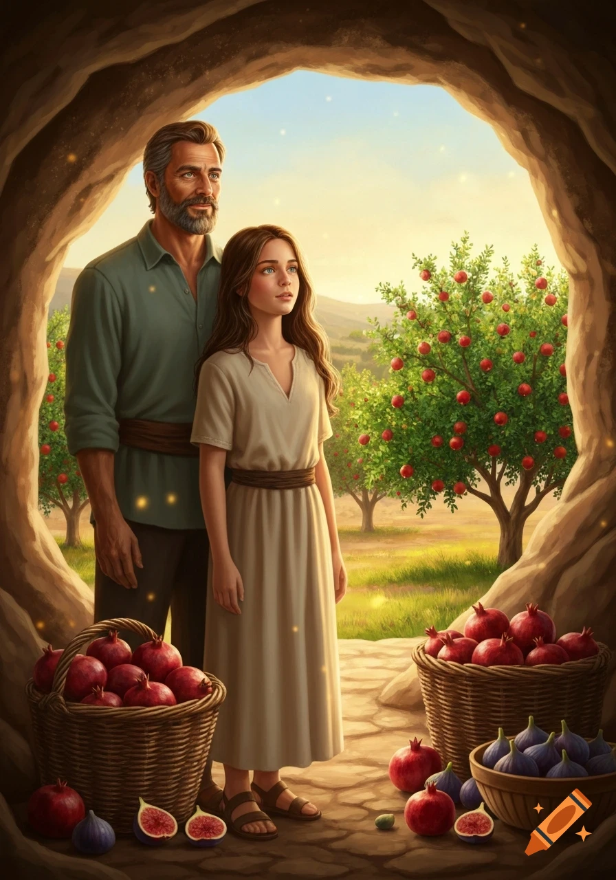 A man and a girl stand in a cave entrance, looking out at a lush garden ...