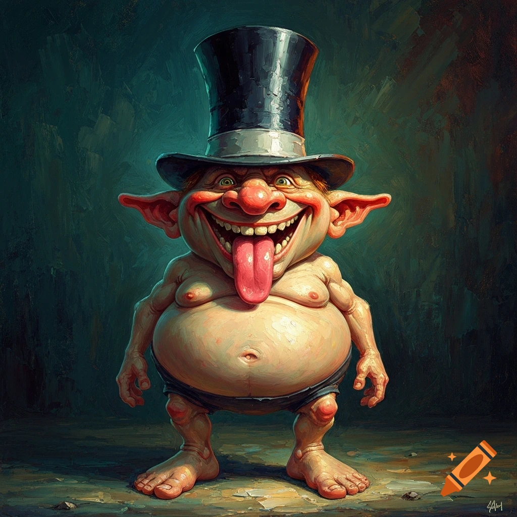 A whimsical, short, fat troll with a huge tongue sticking out, wearing ...