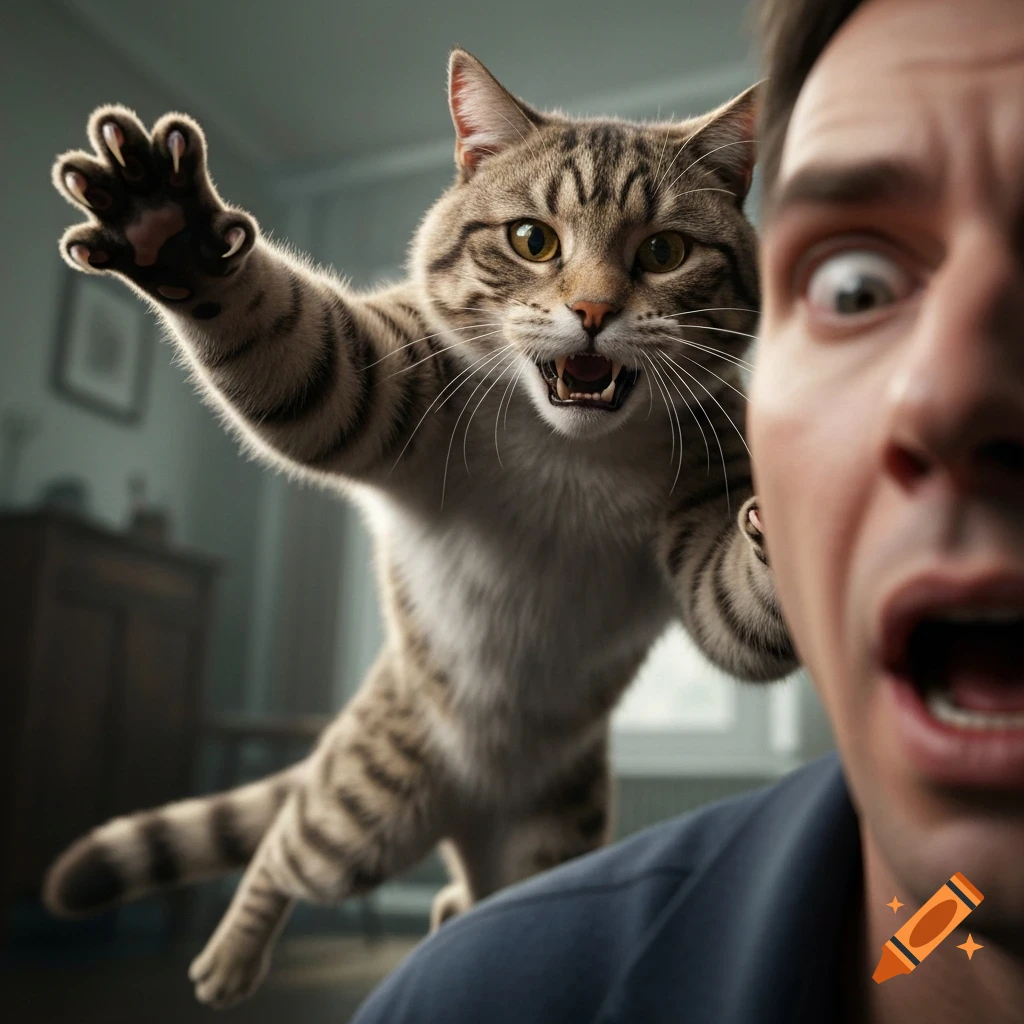 A ferocious photorealistic house cat with extended claws jumps towards ...