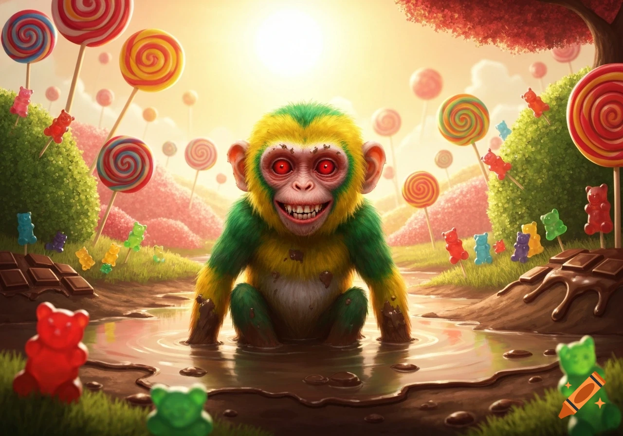 A creepy yellow and green monkey with red eyes and human teeth sits in ...