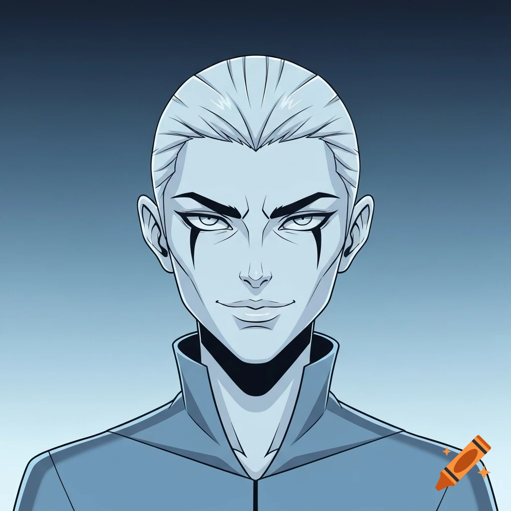 A cool-toned cartoon character with light hair, sharp eyes with black ...