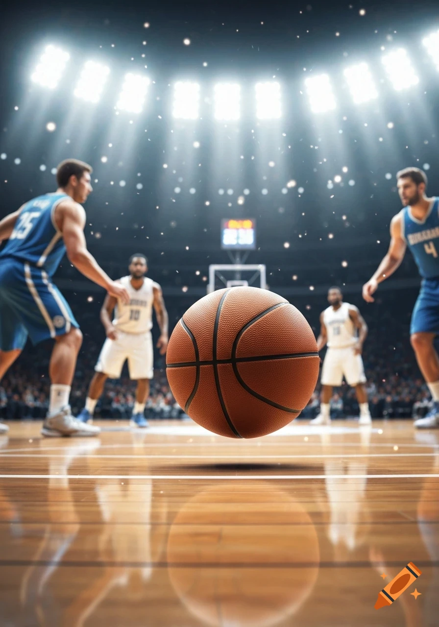 A photorealistic action shot of a basketball floating mid-air on a ...