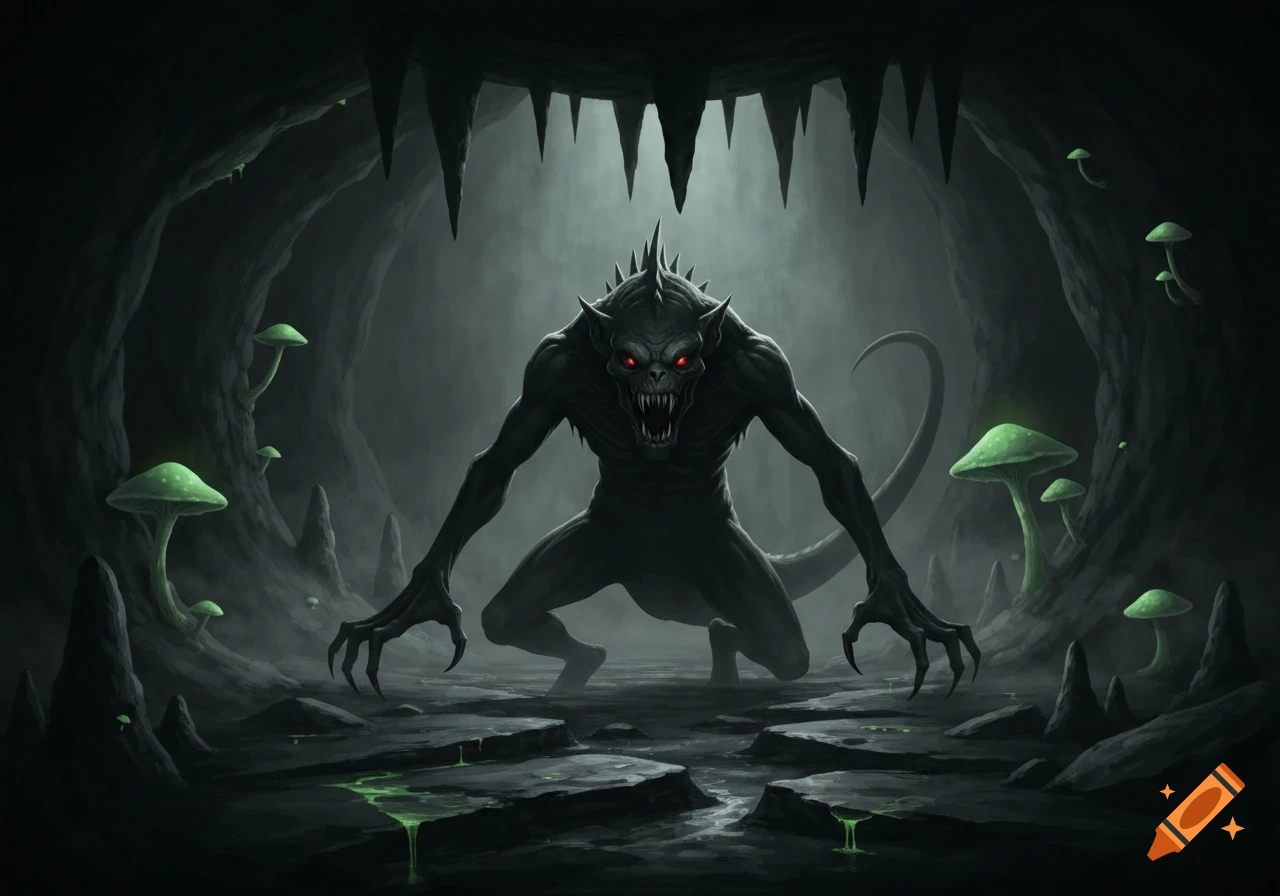 A monstrous, dark creature with glowing red eyes and sharp claws ...