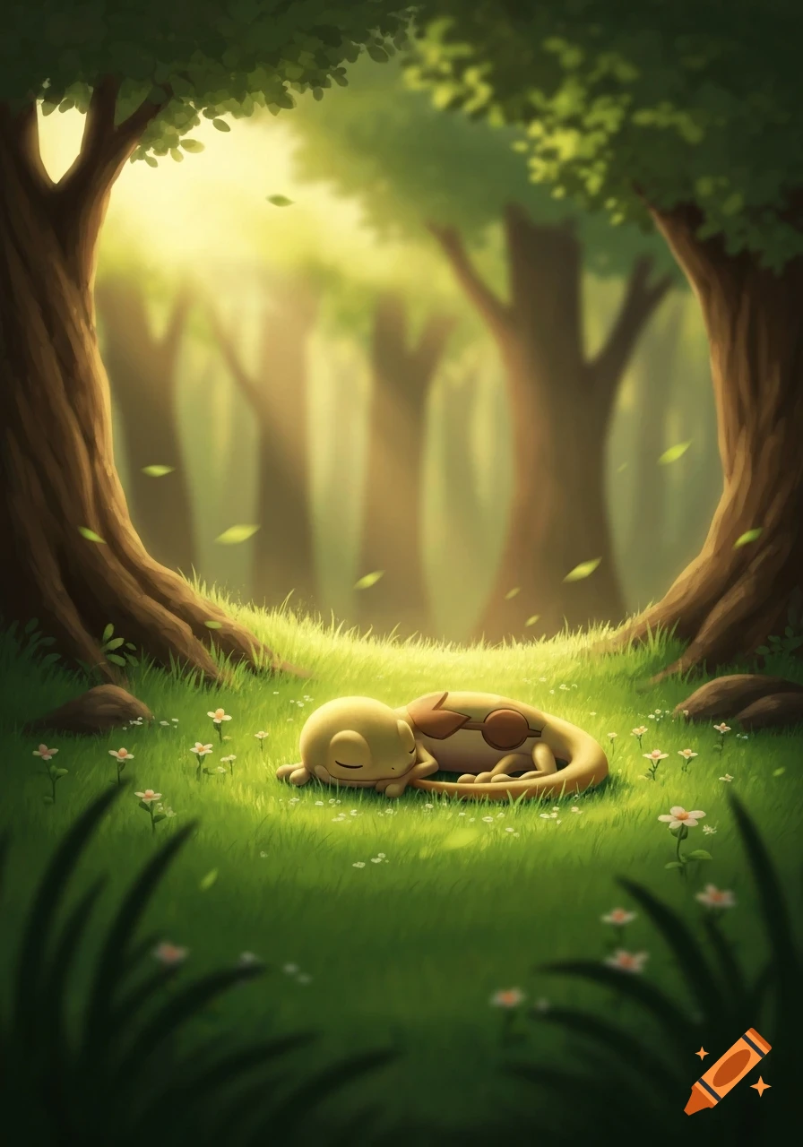 A cute, green Treeko Pokemon sleeps curled up in a sunlit grassy forest ...