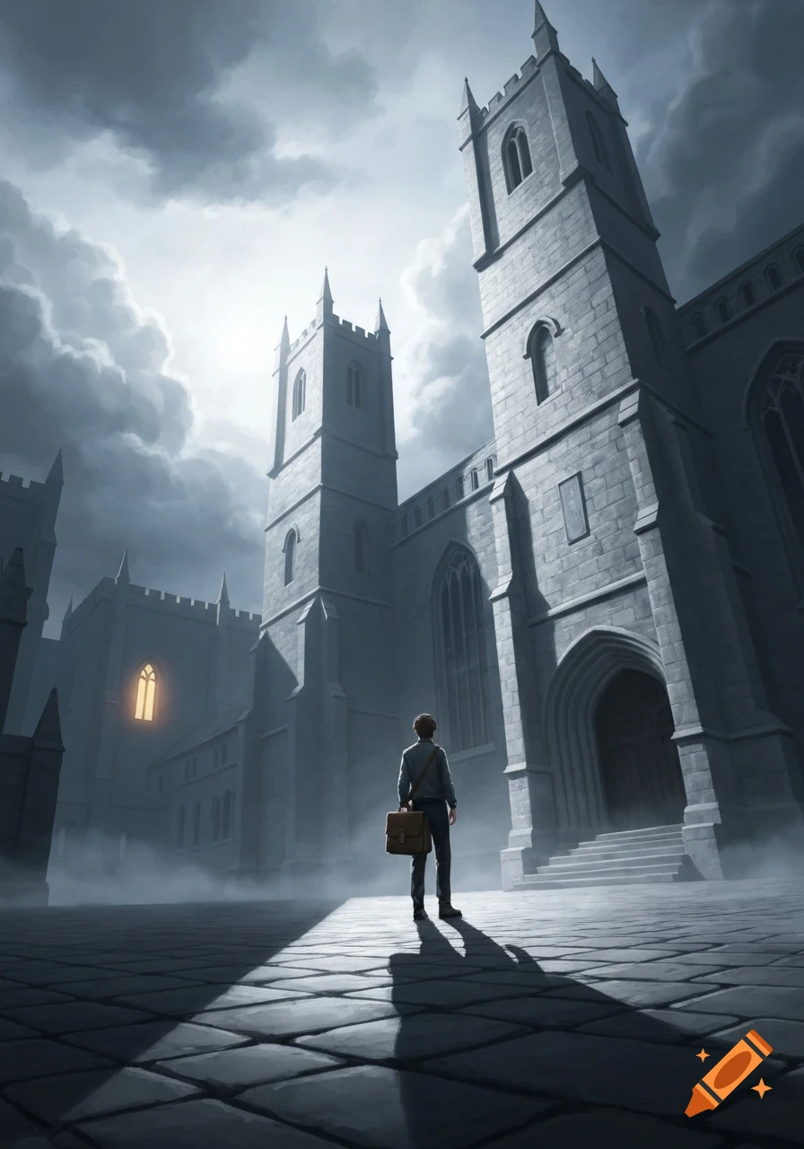 A person stands in a misty courtyard, looking up at a grand gothic ...