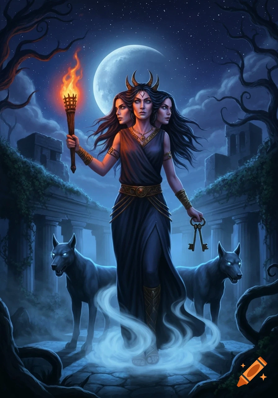 A three-faced goddess holds a torch and keys, flanked by two glowing ...