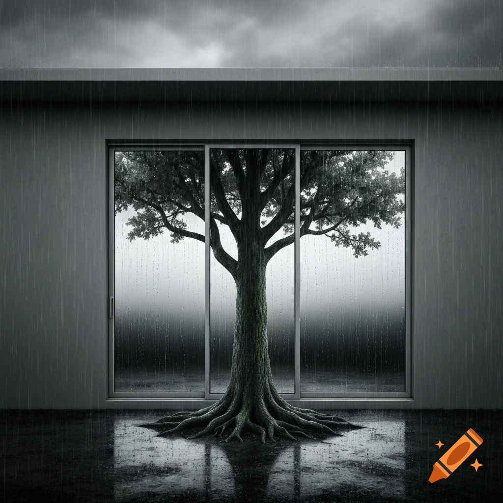 A large tree with prominent roots stands before a sliding glass door of ...