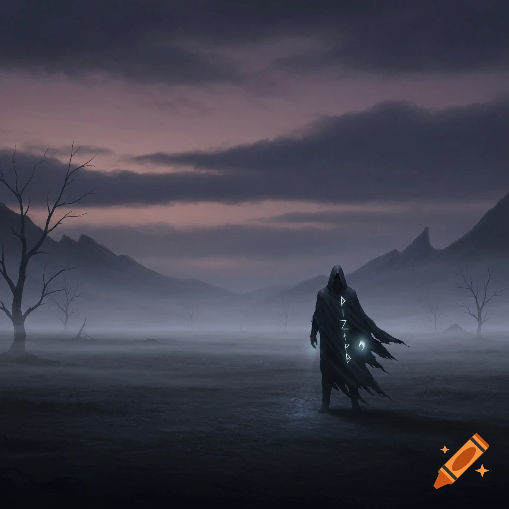 A dark, cloaked figure stands in a misty, desolate landscape with ...