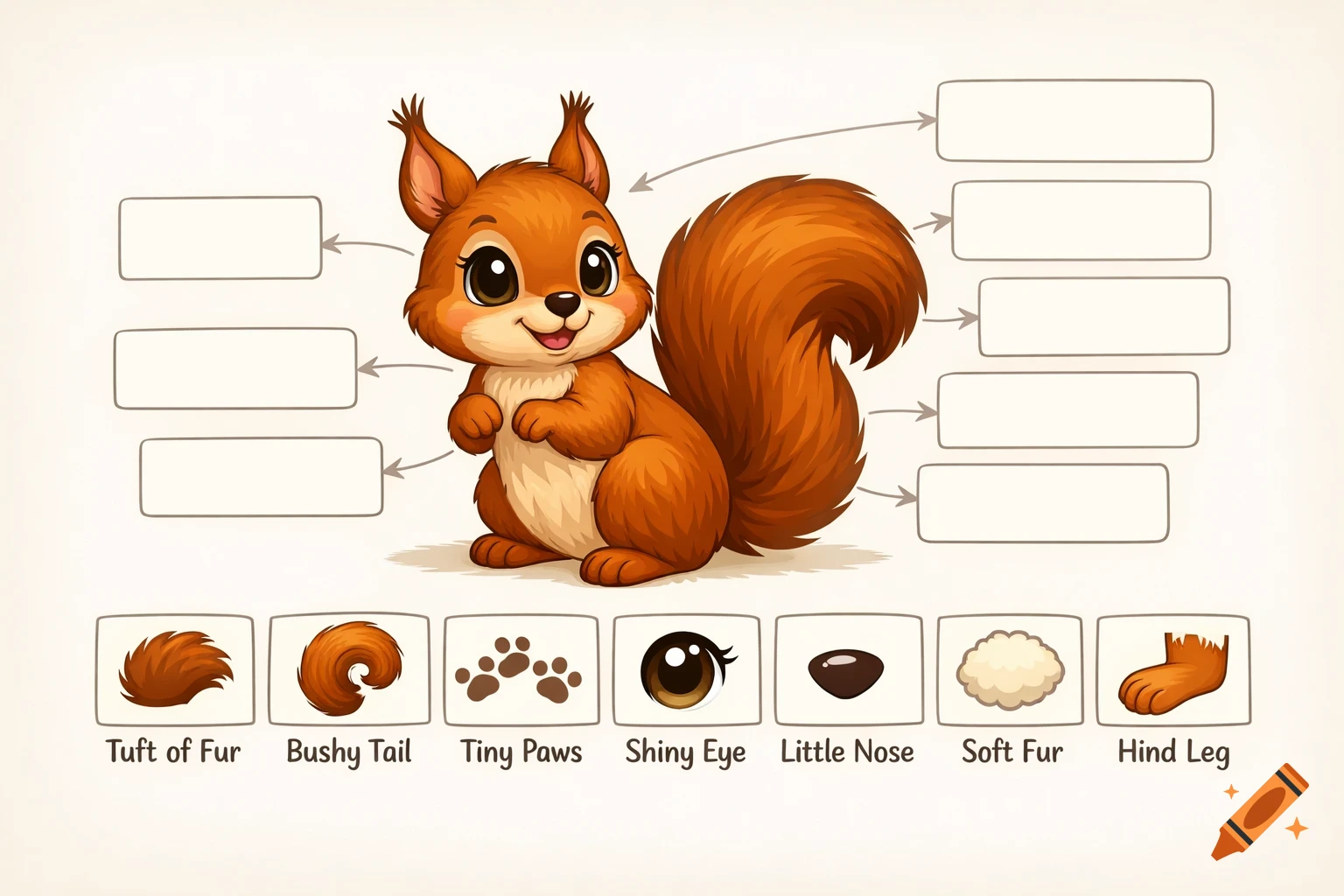 A cartoon squirrel parts of the body worksheet with empty labels ...