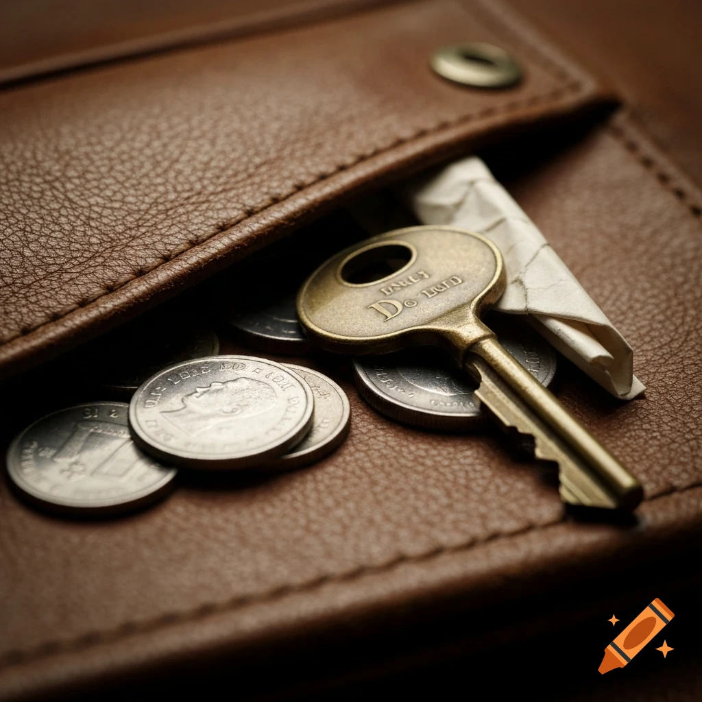 Close-up of a brass key and several silver coins resting on a textured ...