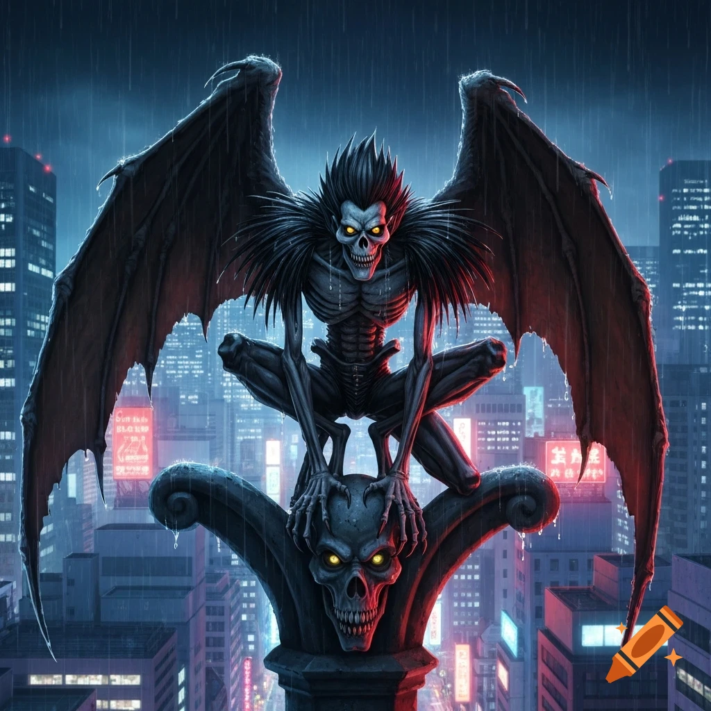 Ryuk, a skeletal Shinigami with large wings, perches menacingly on a ...