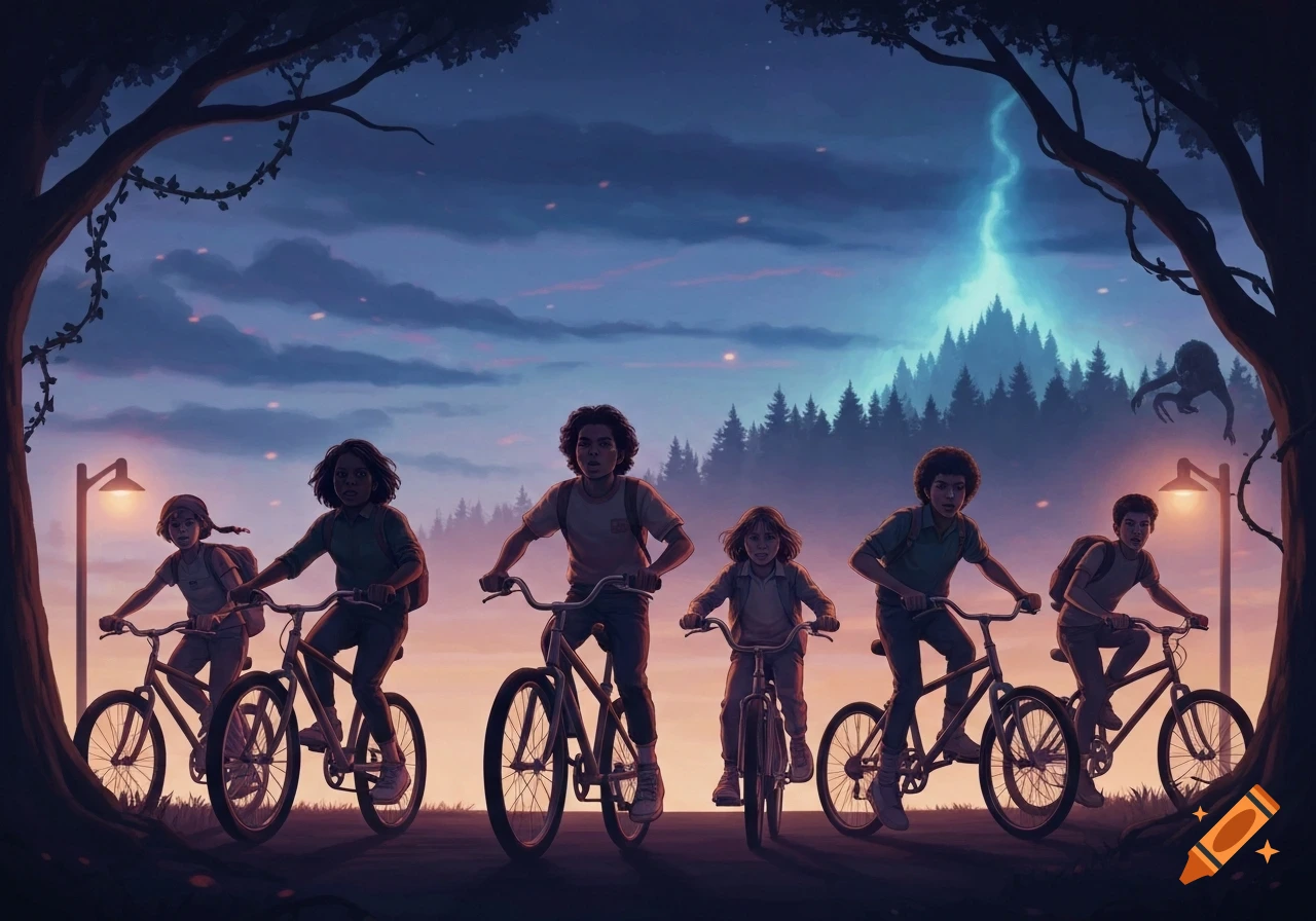 Stylized illustration of six kids on bikes in profile, silhouetted ...
