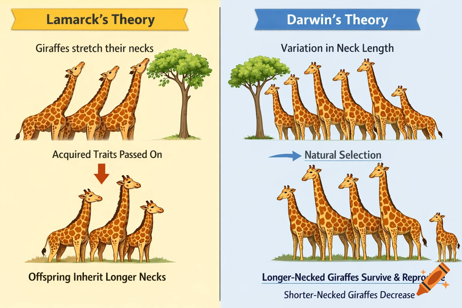 A side-by-side diagram comparing Lamarck's and Darwin's theories of ...